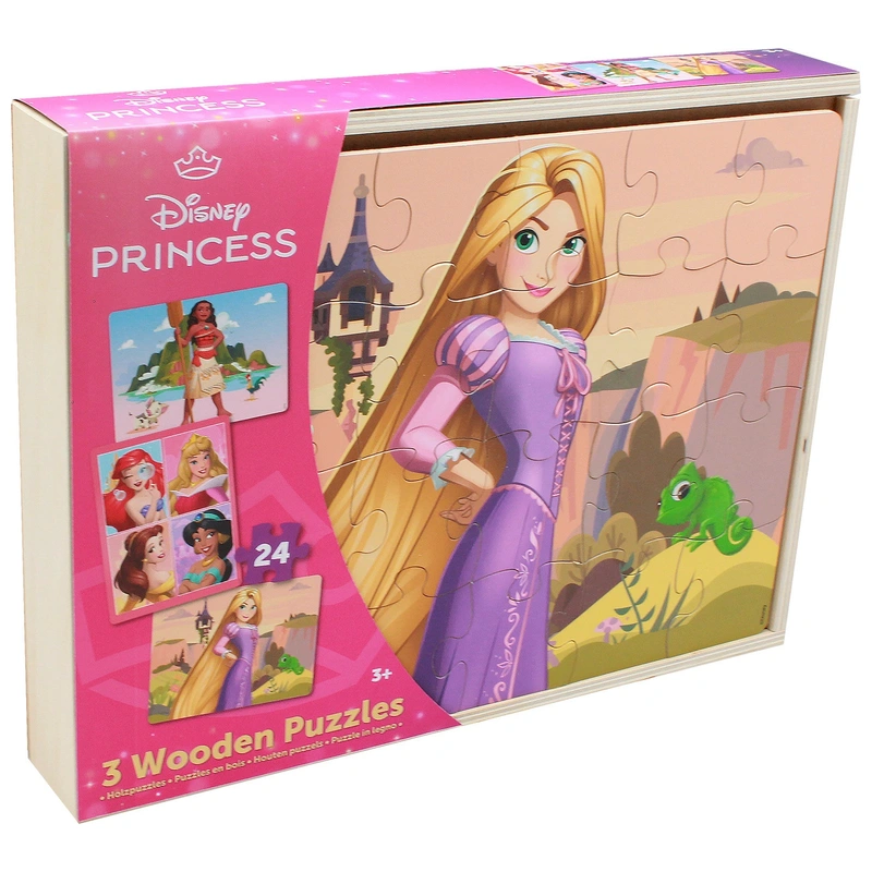 Disney Princess 24 Piece Wooden Puzzles 3 Pack with Storage Tray ...