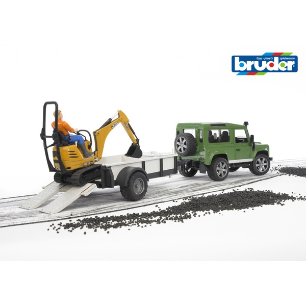 Bruder Land Rover Defender with Trailer, JCB Excavator and Worker ...