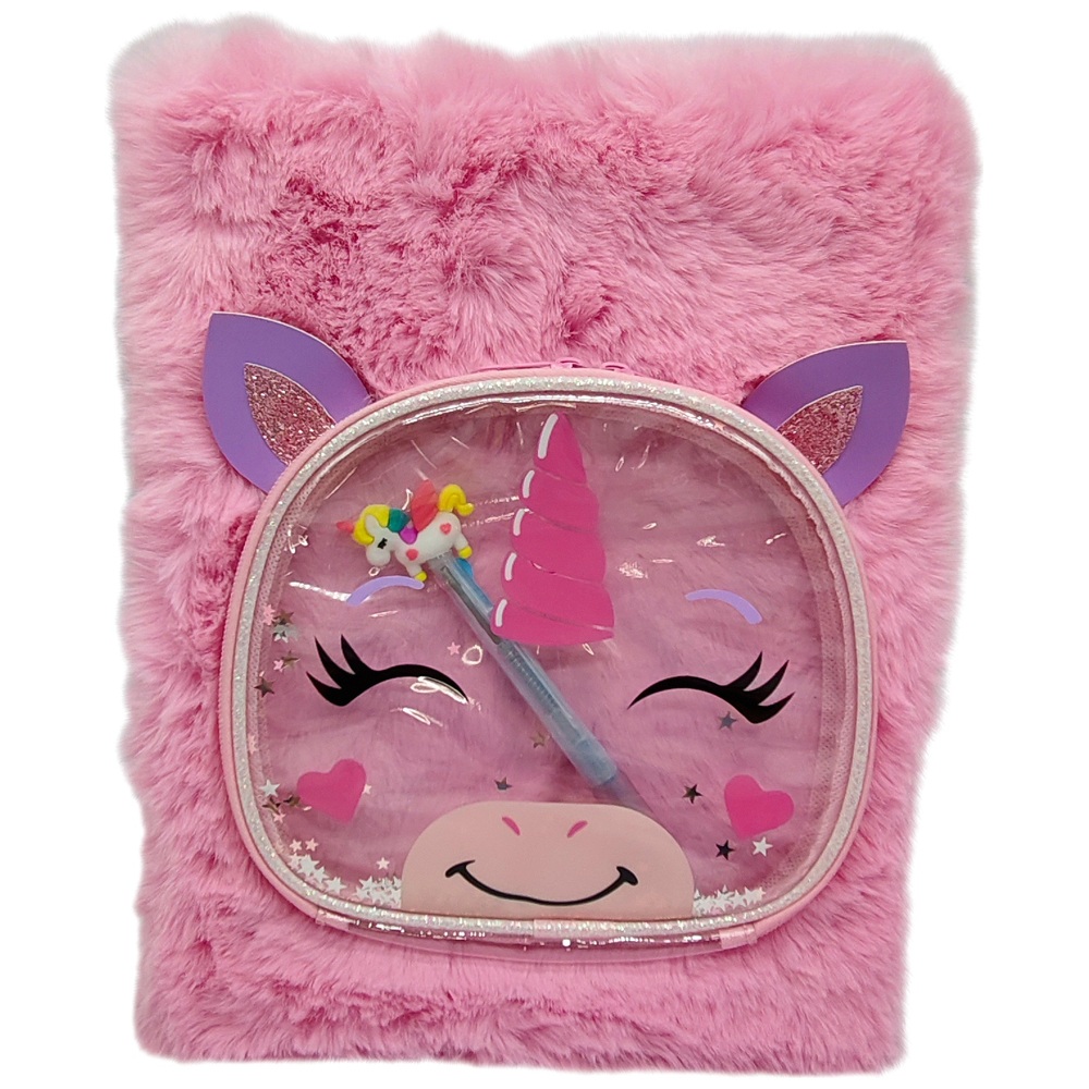 Dizzy Peach Fluffy Pink Plush A4 Notebook with Unicorn Pocket and Pen ...